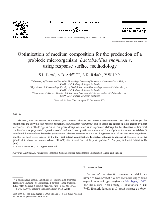 Pdf Optimization Of Medium Composition For The Production Of A Probiotic Microorganism