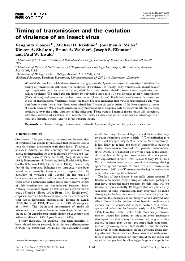 (PDF) Timing of transmission and the evolution of virulence of an insect virus | Shelton Cooper ...