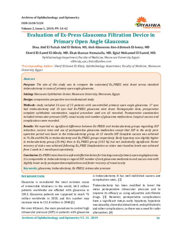 (PDF) Evaluation of Ex-Press Glaucoma Filtration Device in Primary Open ...