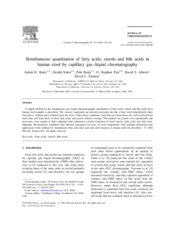 (PDF) Simultaneous quantitation of fatty acids, sterols and bile acids in human stool by ...