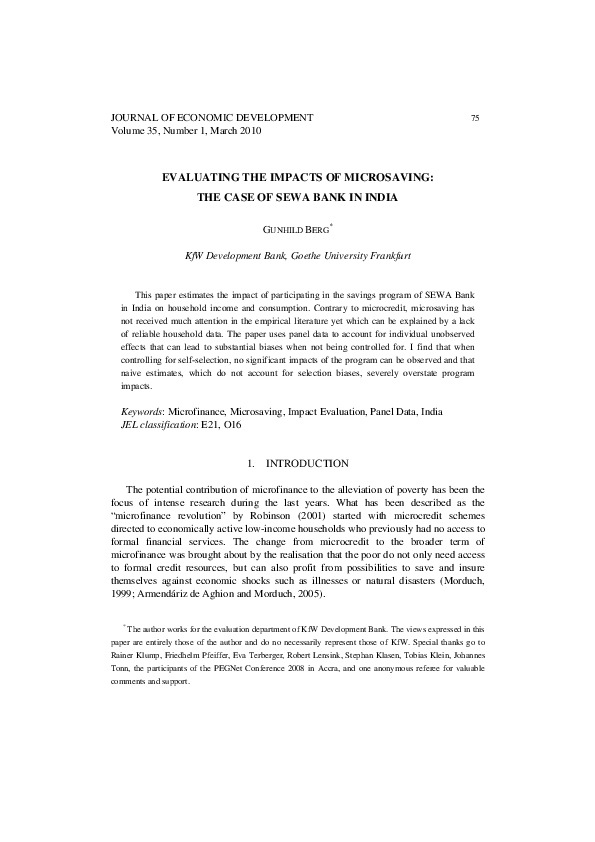 (PDF) Evaluating the Impacts of Microsaving: The Case of Sewa Bank in India
