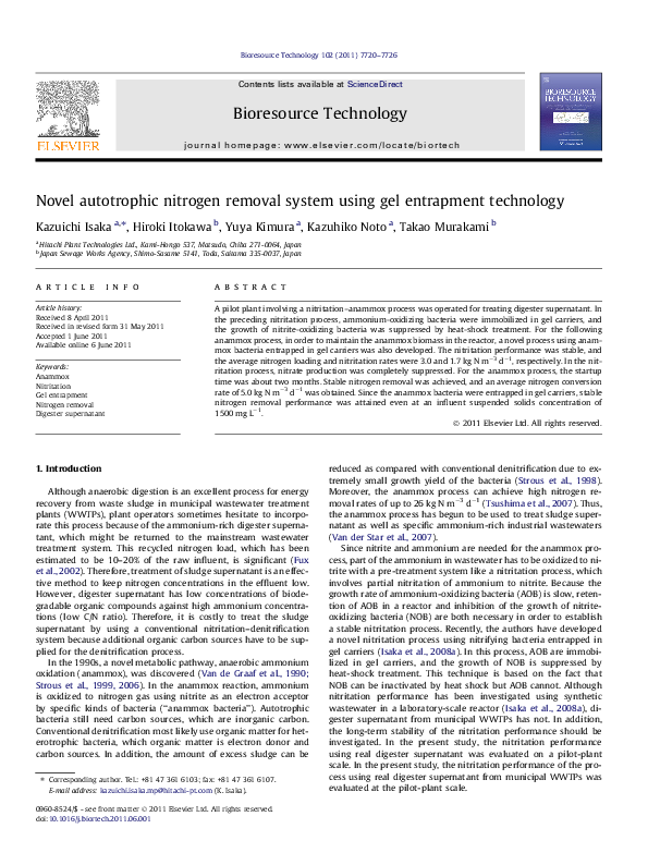 (PDF) Novel autotrophic nitrogen removal system using gel entrapment ...