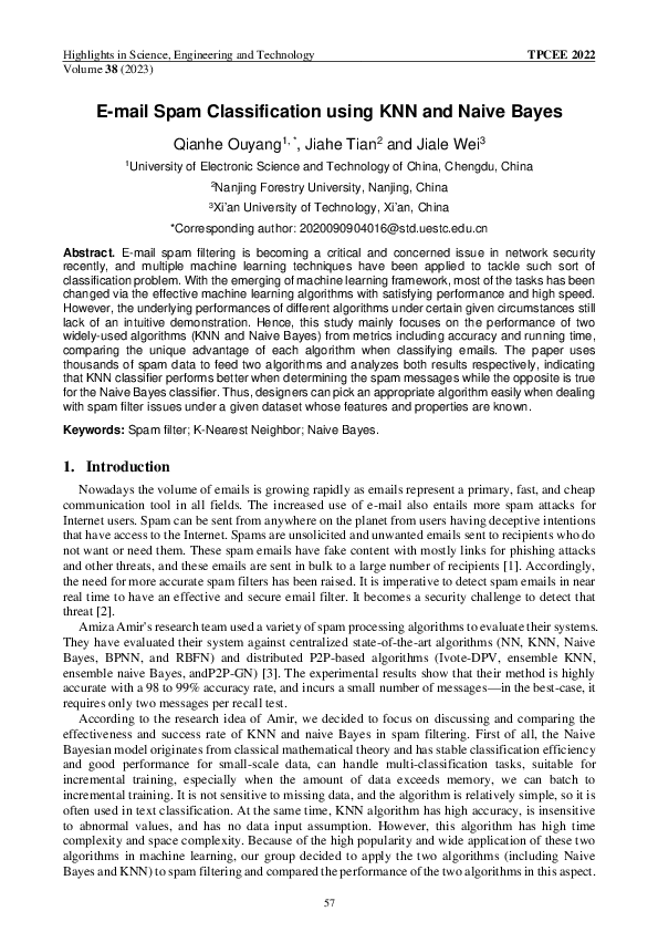 (PDF) E-mail Spam Classification using KNN and Naive Bayes