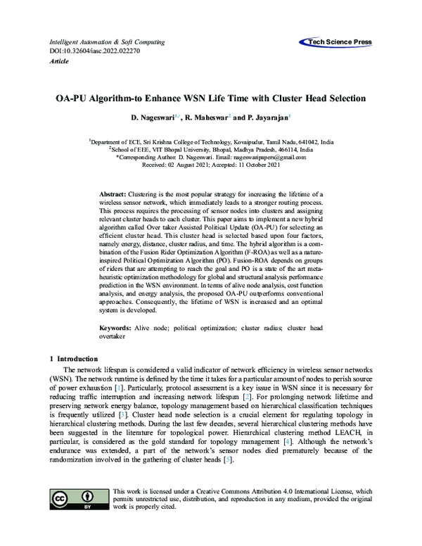 (PDF) OA-PU Algorithm-to Enhance WSN Life Time with Cluster Head Selection