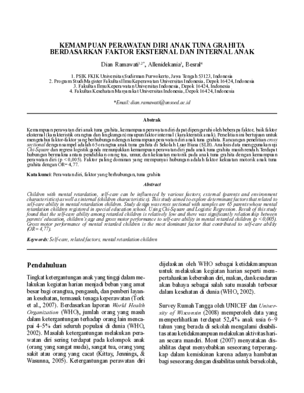 (PDF) Kemampuan Perawatan Diri Anak Tuna Grahita Berdasarkan Faktor ...