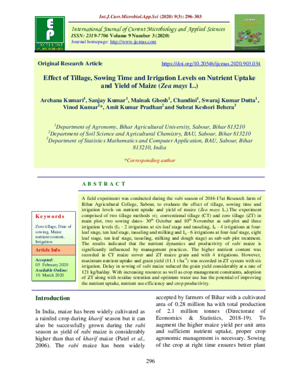 Pdf Effect Of Tillage Sowing Time And Irrigation Levels On Nutrient