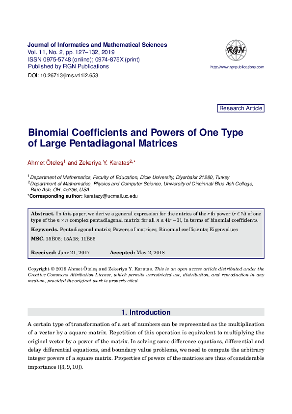 (PDF) Binomial coefficients and powers of large tridiagonal matrices with constant diagonals