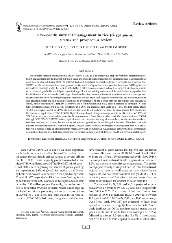 (PDF) Site-specific nutrient management in rice (Oryza sativa): Status ...