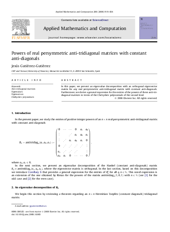 (PDF) Powers of real persymmetric anti-tridiagonal matrices with constant anti-diagonals