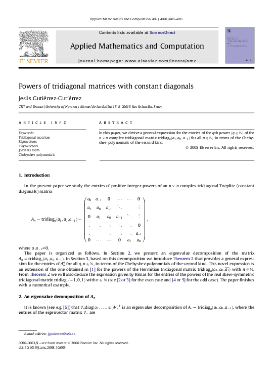 (PDF) Powers of tridiagonal matrices with constant diagonals