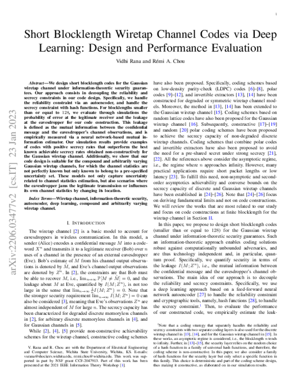 (PDF) Short Blocklength Wiretap Channel Codes via Deep Learning: Design and Performance Evaluation