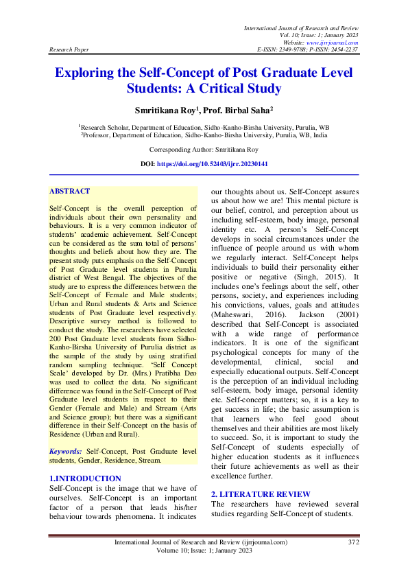 (PDF) Exploring the Self-Concept of Post Graduate Level Students: A ...