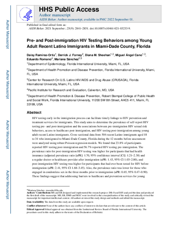 (PDF) Pre- and Post-immigration HIV Testing Behaviors among Young Adult ...