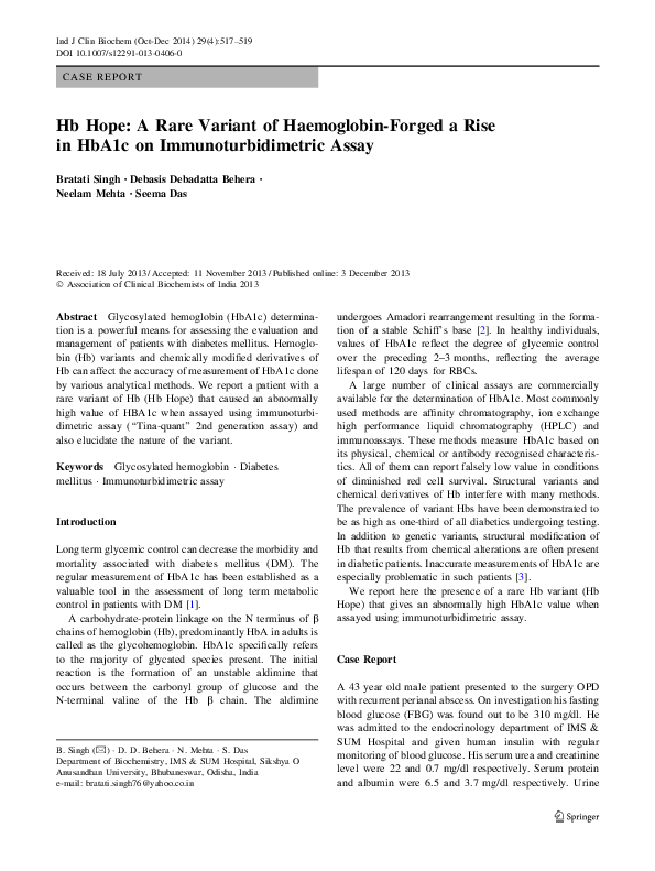 (PDF) Hb Hope: A Rare Variant of Haemoglobin-Forged a Rise in HbA1c on ...