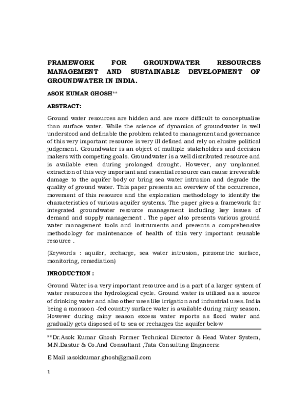 Pdf Framework For Groundwater Resources Management And Sustainable Development Of Groundwater