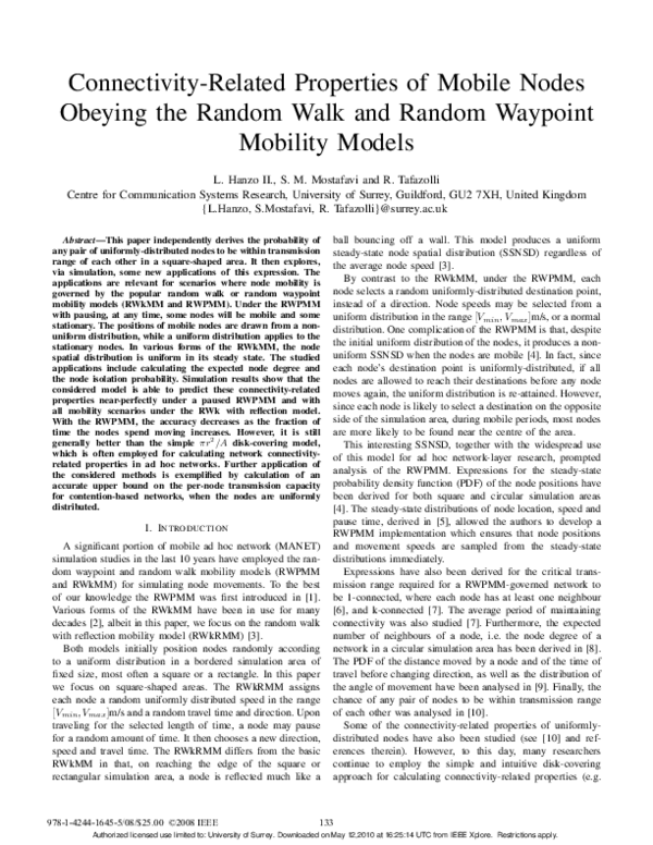 (PDF) Connectivity-Related Properties of Mobile Nodes Obeying the Random Walk and Random ...