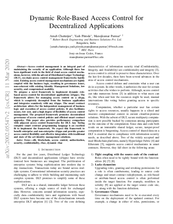 Pdf Dynamic Role Based Access Control For Decentralized Applications