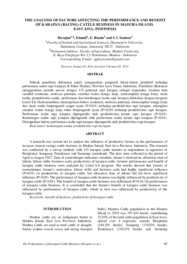 (PDF) The Analysis of Factors Affecting the Performance and Benefit of Karapan (Racing) Cattle ...