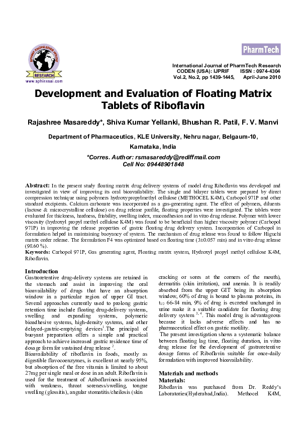 Pdf Development And Evaluation Of Floating Matrix Tablets Of Riboflavin
