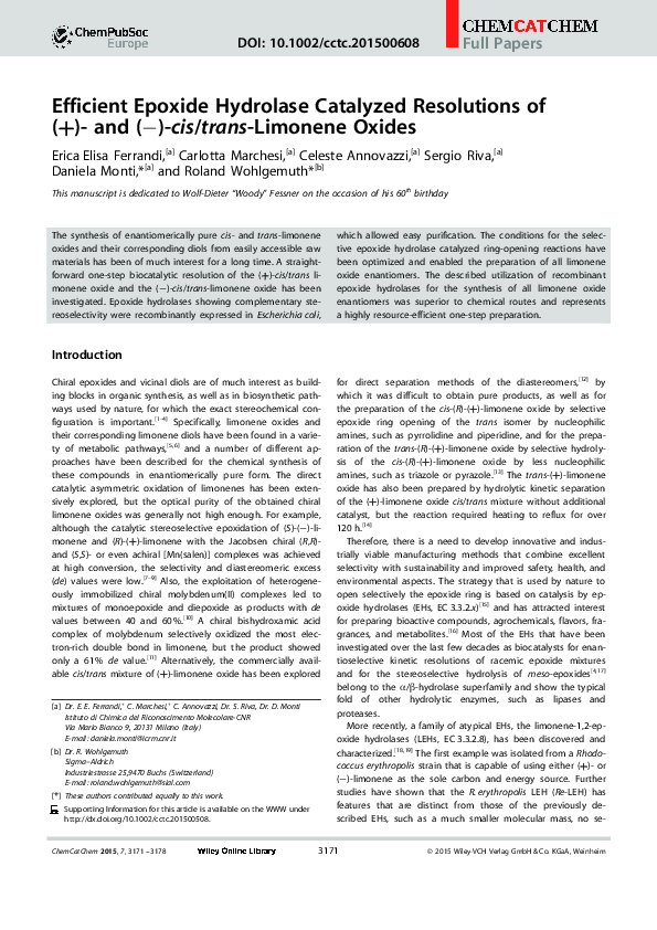 (PDF) Efficient Epoxide Hydrolase Catalyzed Resolutions of (+)- and (− ...