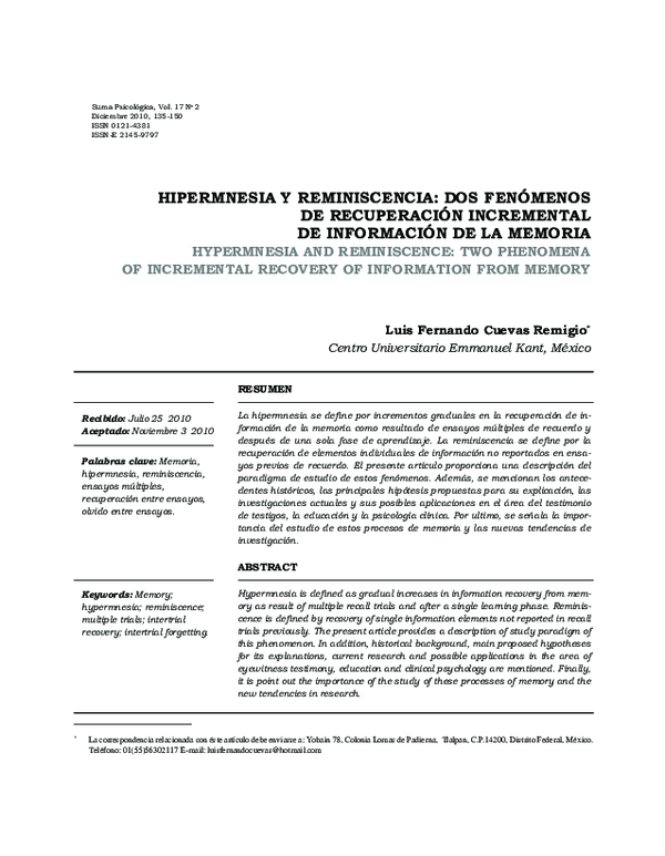 (PDF) HIPERMNESIA Y REMINISCENCIA: DOS FENÓMENOS DE RECUPERACIÓN ...