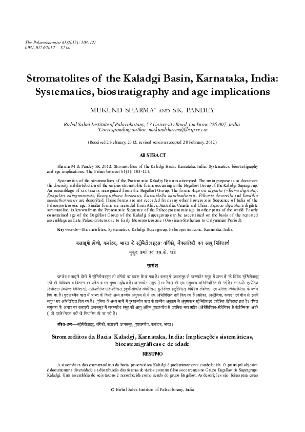 (PDF) Stromatolites of the Kaladgi Basin, Karnataka, India: Systematics ...