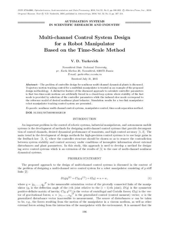 (PDF) Multi-channel control system design for a robot manipulator based on the time-scale method