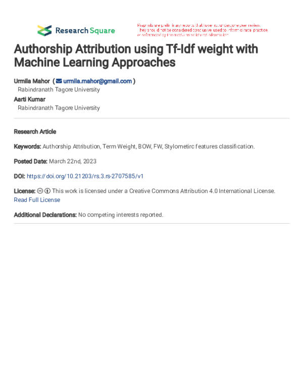 (PDF) Authorship Attribution using Tf-Idf weight with Machine Learning Approaches