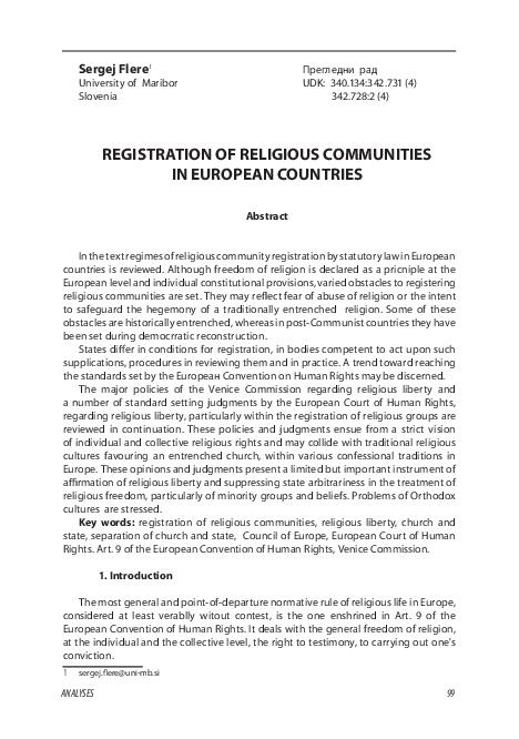 (PDF) Registration of Religious Communities in European Countries