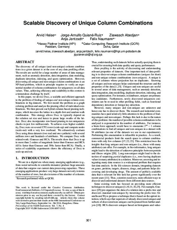 (PDF) Scalable discovery of unique column combinations
