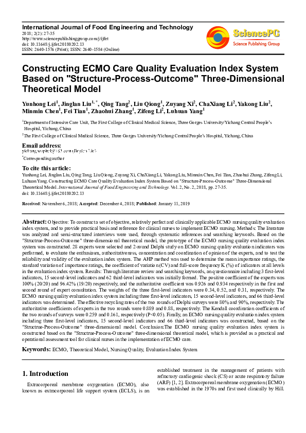 (PDF) Constructing ECMO Care Quality Evaluation Index System Based on "Structure-Process-Outcome ...