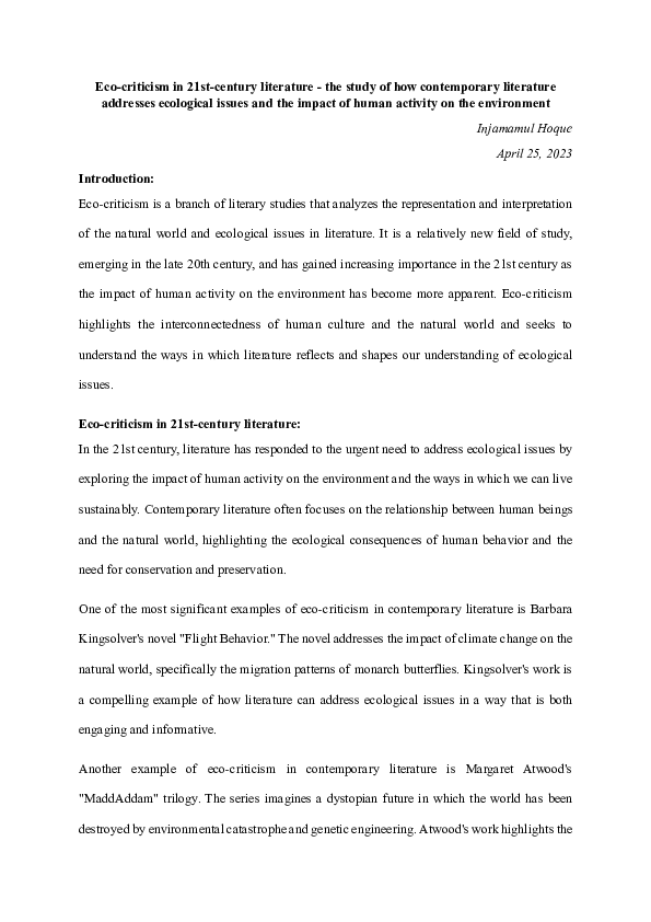 (PDF) Eco-criticism in 21st-century literature -the study of how ...