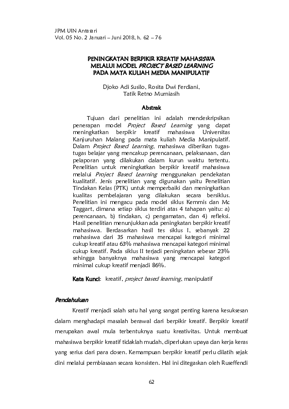 (PDF) Peningkatan Berpikir Kreatif Mahasiswa Melalui Model Project Based Learning pada Mata ...