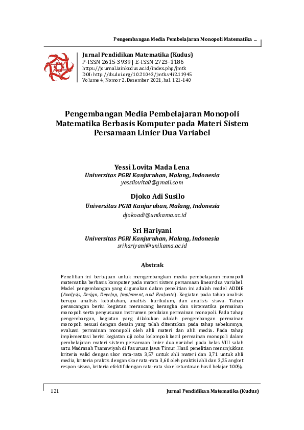 (PDF) Pengembangan Media Pembelajaran Monopoli Matematika Berbasis Komputer pada Materi Sistem ...