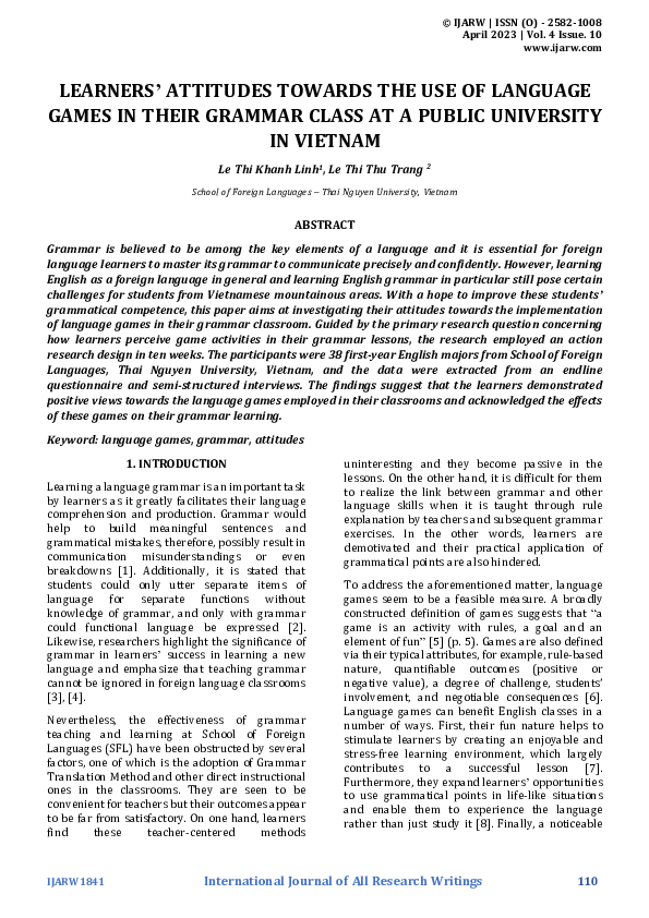 (PDF) LEARNERS' ATTITUDES TOWARDS THE USE OF LANGUAGE GAMES IN THEIR GRAMMAR CLASS AT A PUBLIC ...