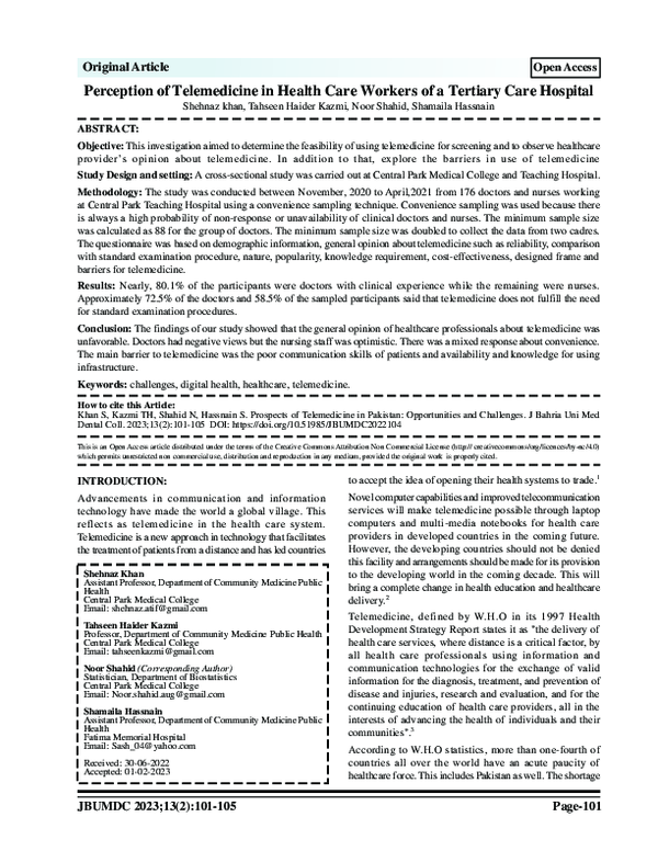 (PDF) Perception of Telemedicine in Health Care Workers of a Tertiary ...