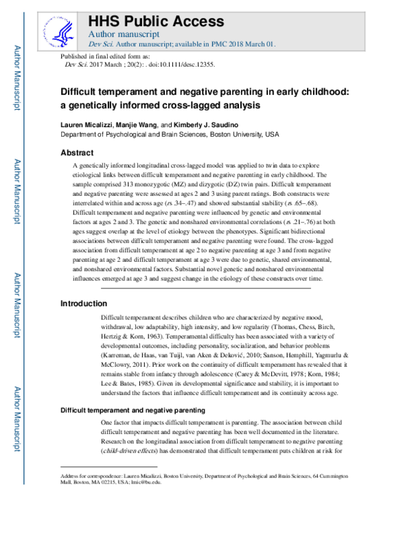(PDF) Difficult temperament and negative parenting in early childhood ...