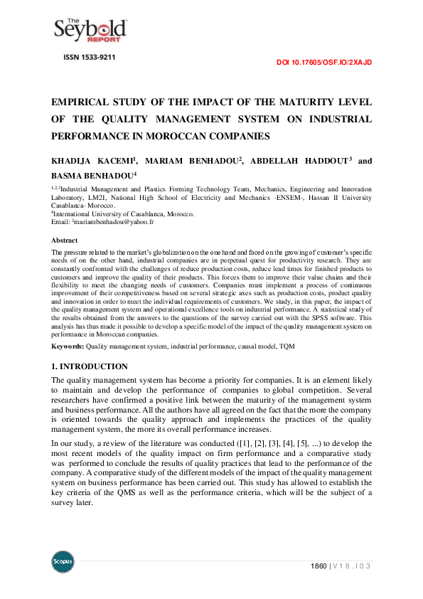 (PDF) EMPIRICAL STUDY OF THE IMPACT OF THE MATURITY LEVEL OF THE QUALITY MANAGEMENT SYSTEM ON ...