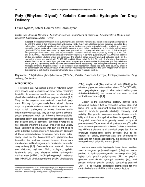 (PDF) PEG/Gelatin Hydrogels for Drug Delivery