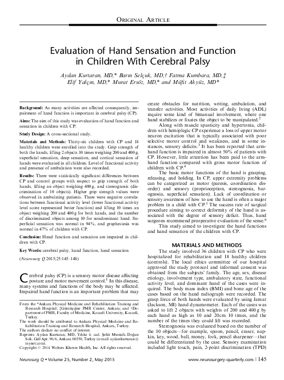(PDF) Evaluation of Hand Sensation and Function in Children With ...