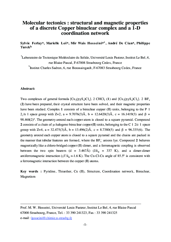 (PDF) Molecular tectonics: structural and magnetic properties of a discrete copper binuclear ...