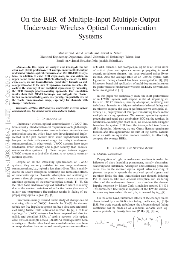 Pdf On The Ber Of Multiple Input Multiple Output Underwater Wireless Optical Communication