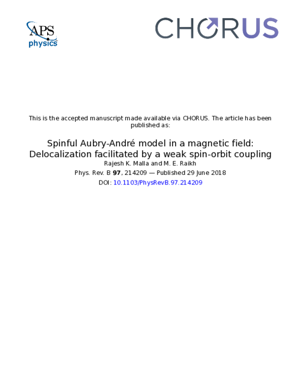 (PDF) Spinful Aubry-André model in a magnetic field: Delocalization ...