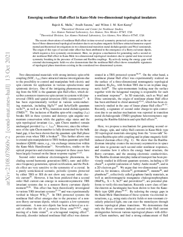 (PDF) Emerging nonlinear Hall effect in Kane-Mele two-dimensional topological insulators