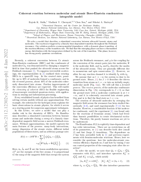 Pdf Coherent Reaction Between Molecular And Atomic Bose Einstein Condensates Integrable Model