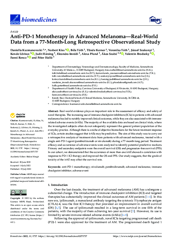 (PDF) Anti-PD-1 Monotherapy in Advanced Melanoma—Real-World Data from a 77-Month-Long ...