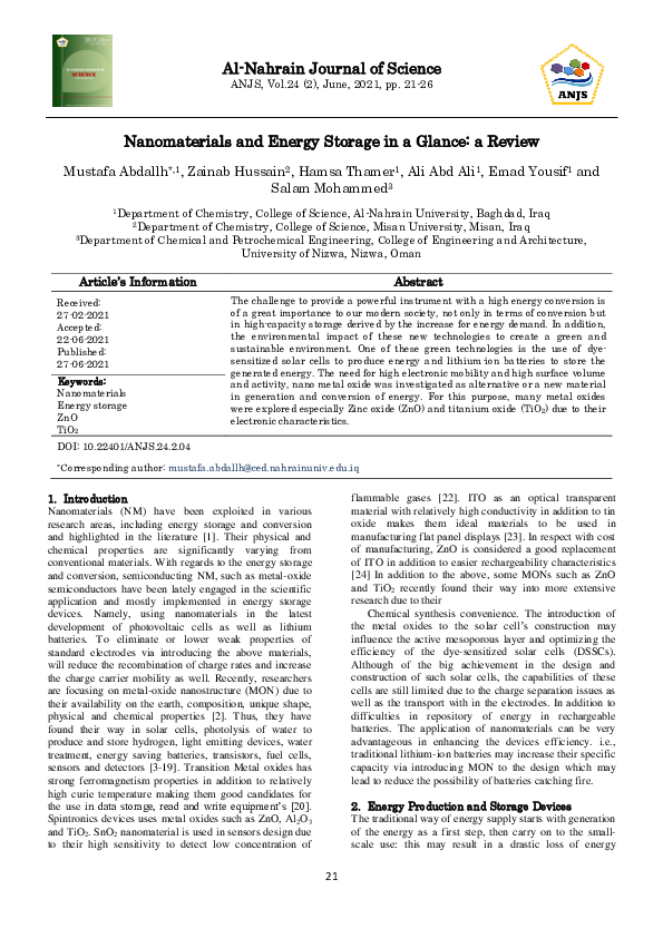 (PDF) Nanomaterials and Energy Storage in a Glance: a Review