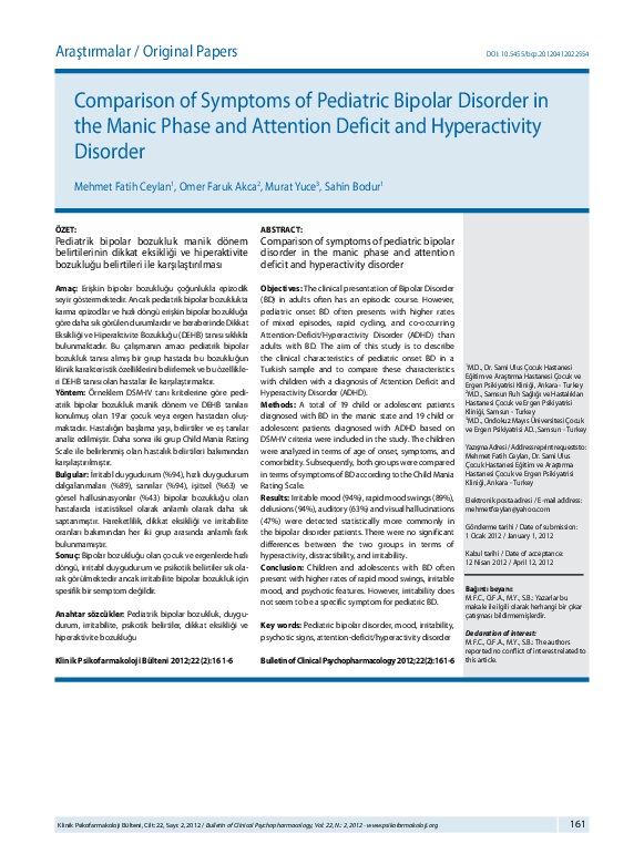 (PDF) Comparison of Symptoms of Pediatric Bipolar Disorder in the Manic ...