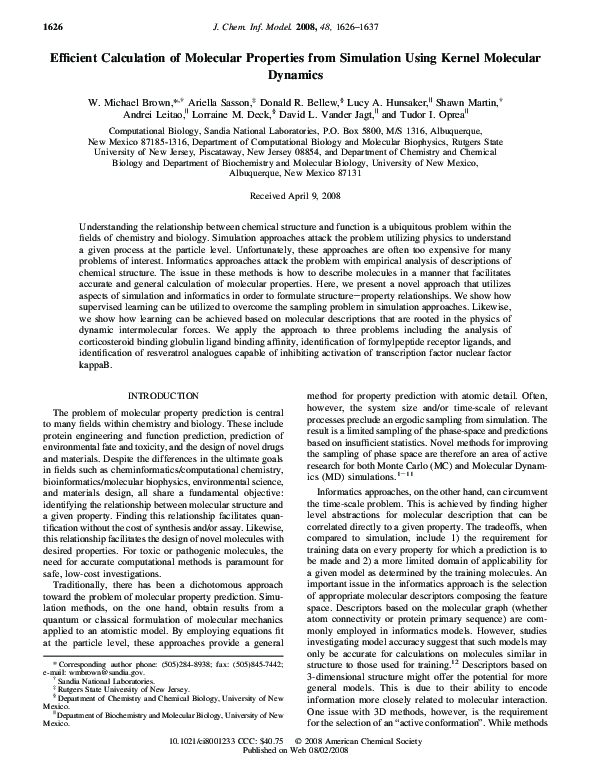 (PDF) Efficient calculation of molecular properties from simulation using kernel molecular dynamics