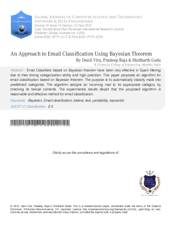 (PDF) An Approach to Email Classification Using Bayesian Theorem (PDF) An Approach to Email Classification Using Bayesian Theorem